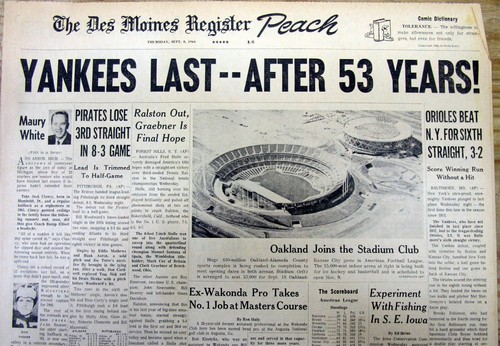1966 headline newspaper NEW YORK YANKEES in LAST PLACE for 1st time in ...