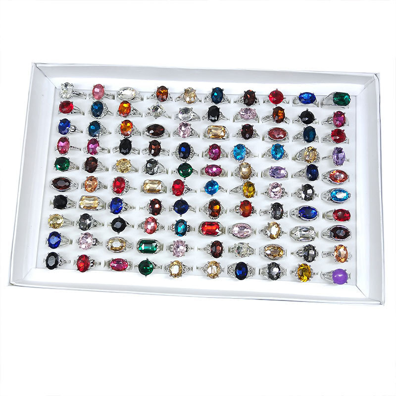 100Pcs Wholesale Colorful Crystal Mixed Rings Bulk Finger Band Ring ...