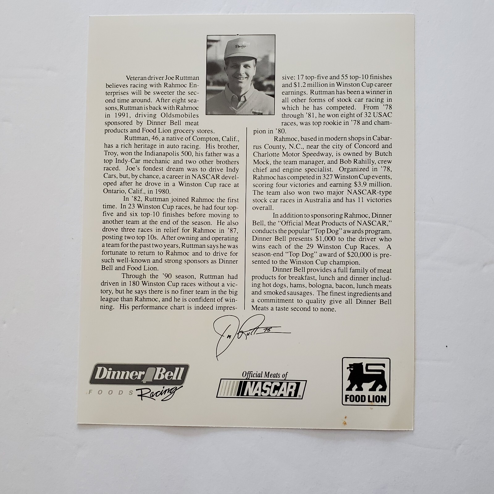 NASCR Racing Joe Ruttman #75 Rahmoc Dinner Bell Car Autographed Hand ...