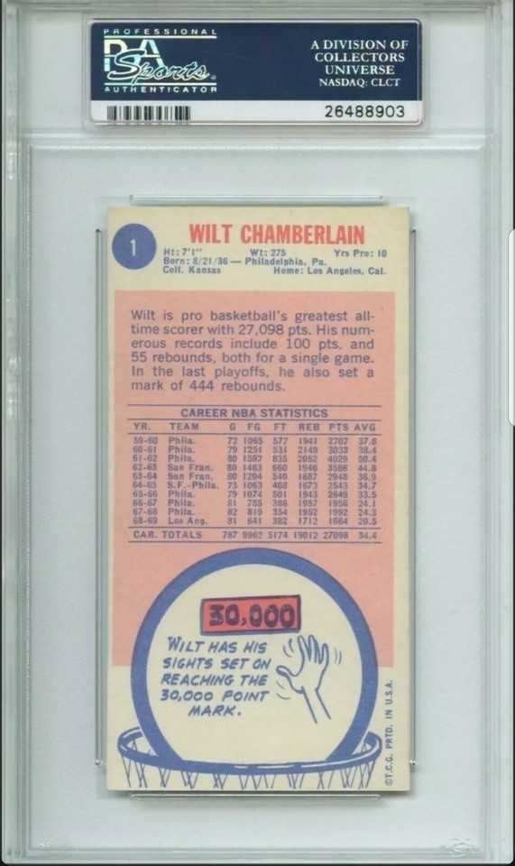 1969 Topps Rookie #1 Wilt Chamberlain 1st Topps Card PSA 7 Los Angeles ...