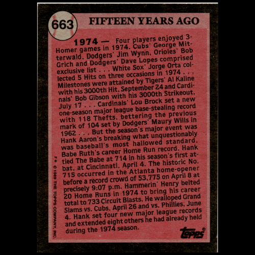 1989 Topps Hank Aaron Turn Back the Clock 1974 #663 HOF NM-MINT | eBay