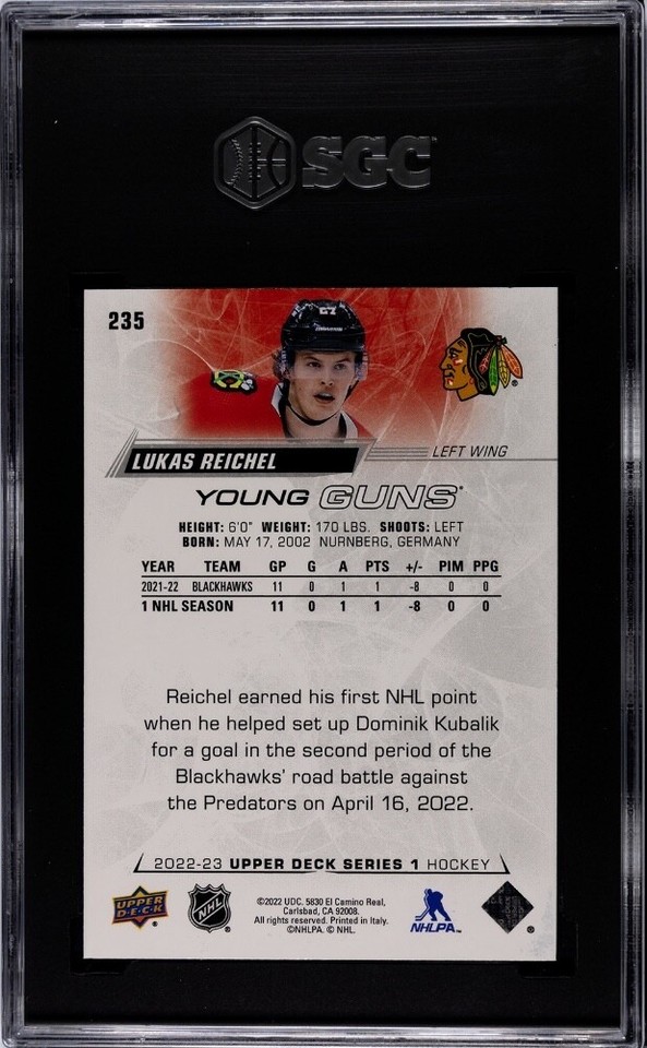 2022-23 Upper Deck Series 1 #235 Lukas Reichel Young Guns Rookie SGC 10 ...