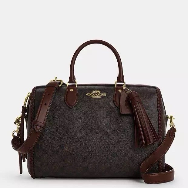 NWT Coach CCE36 Rowan Large Satchel Bag Signature Canvas Fringe Walnut ...