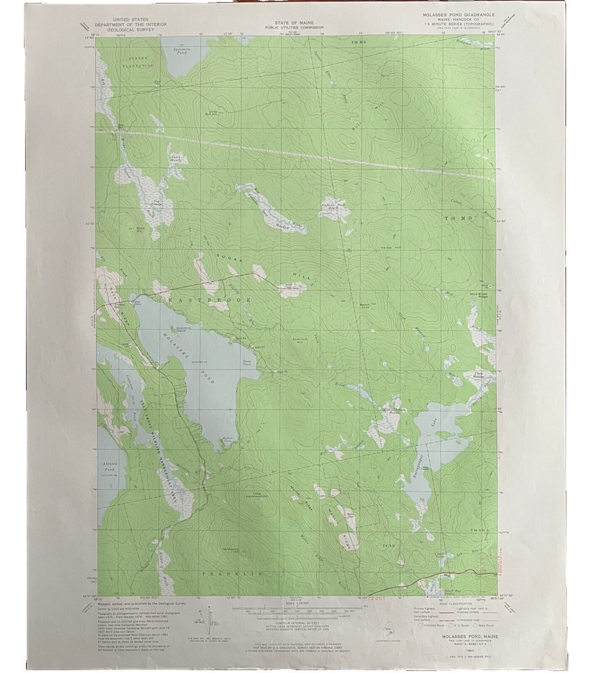 Map Molasses Pond Maine USGS 1982 Topographic Geological 1:24000 27x22 ...