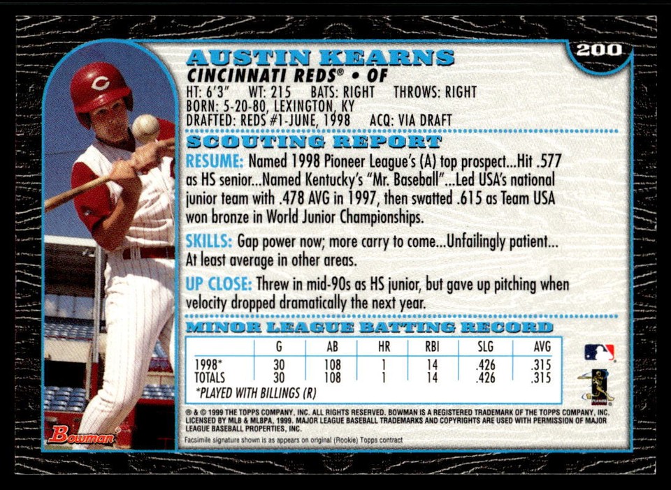 1999 Bowman 200 Austin Kearns Cincinnati Reds Rookie Baseball Card | eBay