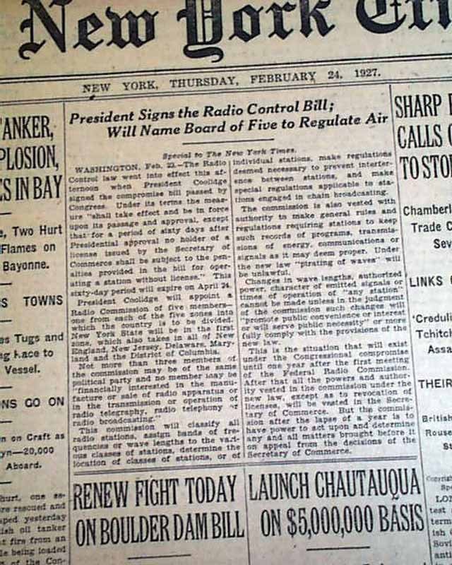 FRC Federal Radio Commission Created (Futire FCC) Calvin Coolidge 1927 ...