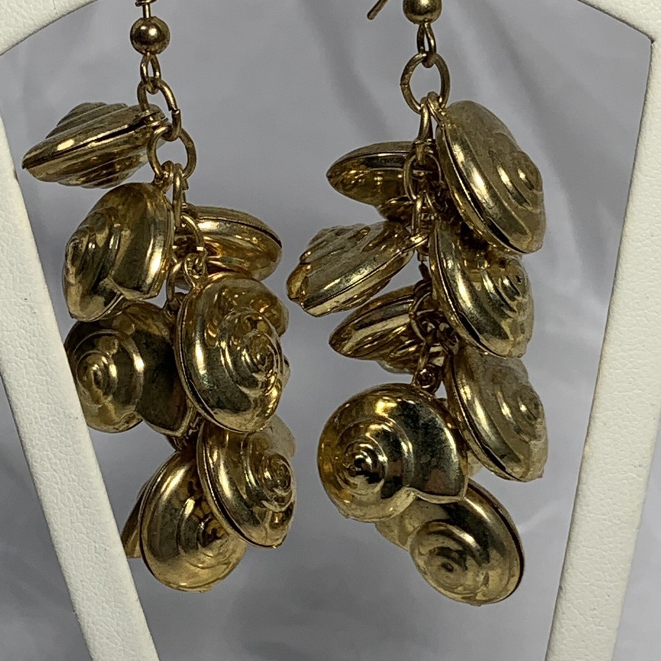 VINTAGE Gold Tone Spiral Shell CHA CHA EARRINGS Chain Cluster Seashell ...
