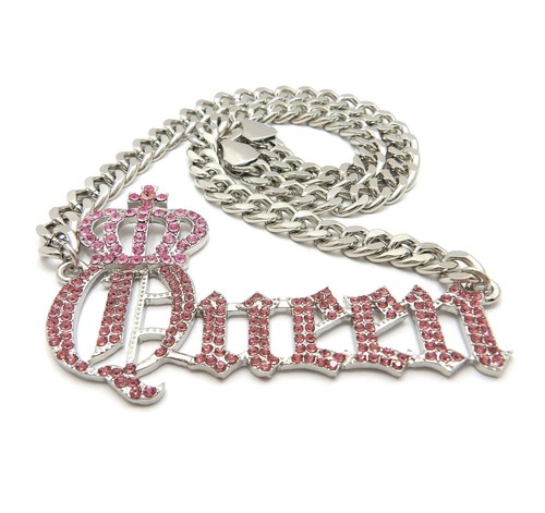 WOMEN'S ICED BLING PINK CROWNED QUEEN PENDANT & 18" CUBAN CHOKER CHAIN ...