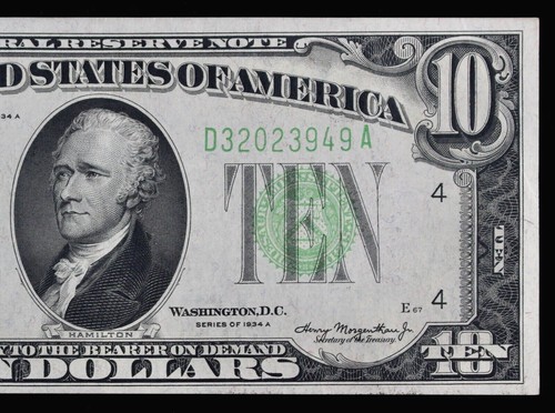 $10 1934A AU Mule Federal Reserve Note D32023949A ten $ series A ...
