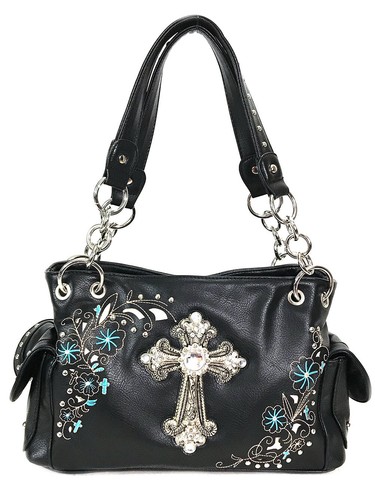 Zzfab Rhinestone Cross Embroidered Floral Western Handbag Black B9101 ...