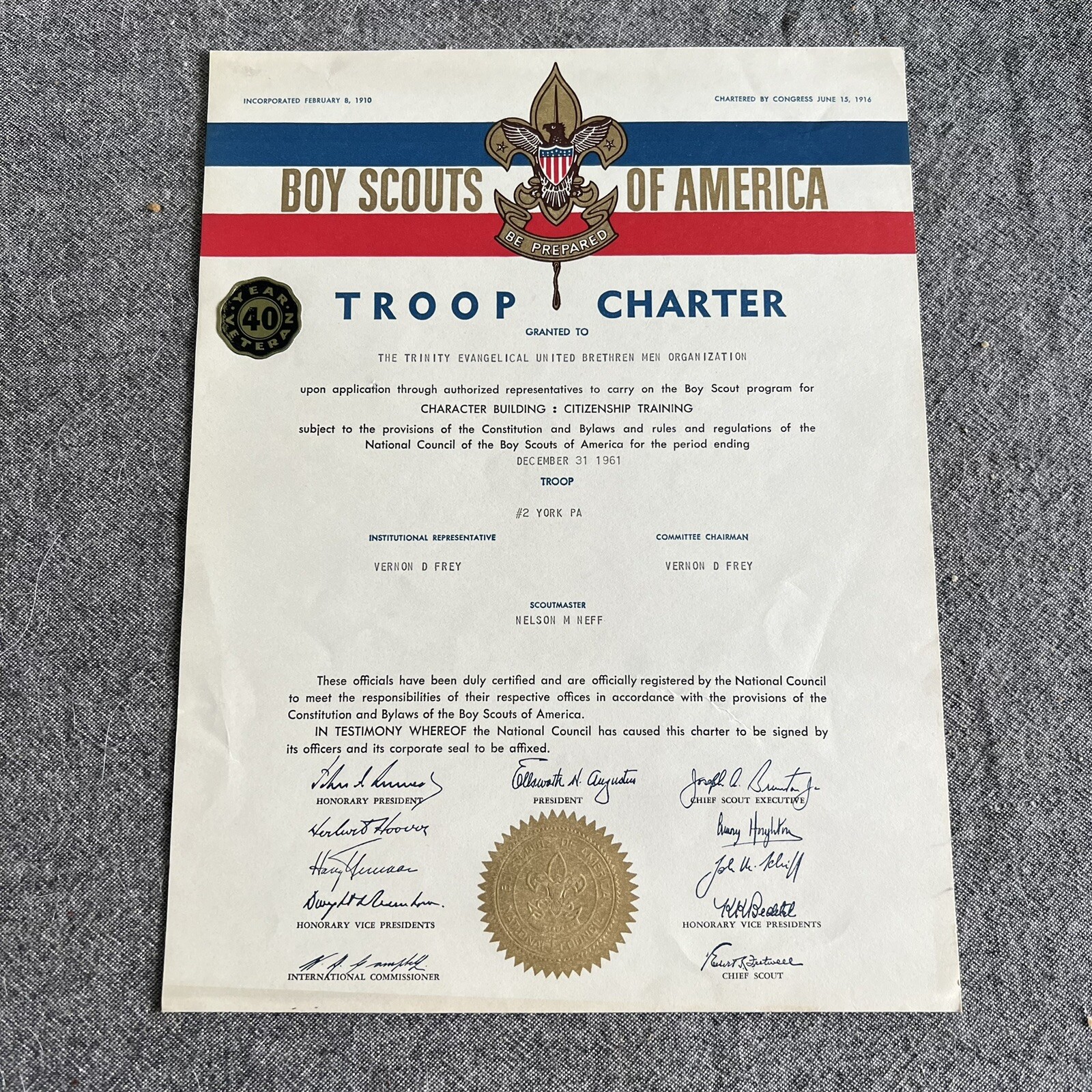 Bsa Boy Scouts Of America Charter Certificate Troop #2 1961 | eBay