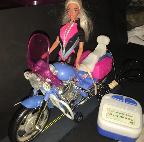 💕Barbie 1990 Motorcycle with Light Tethered Remote Control Bike Blue ...