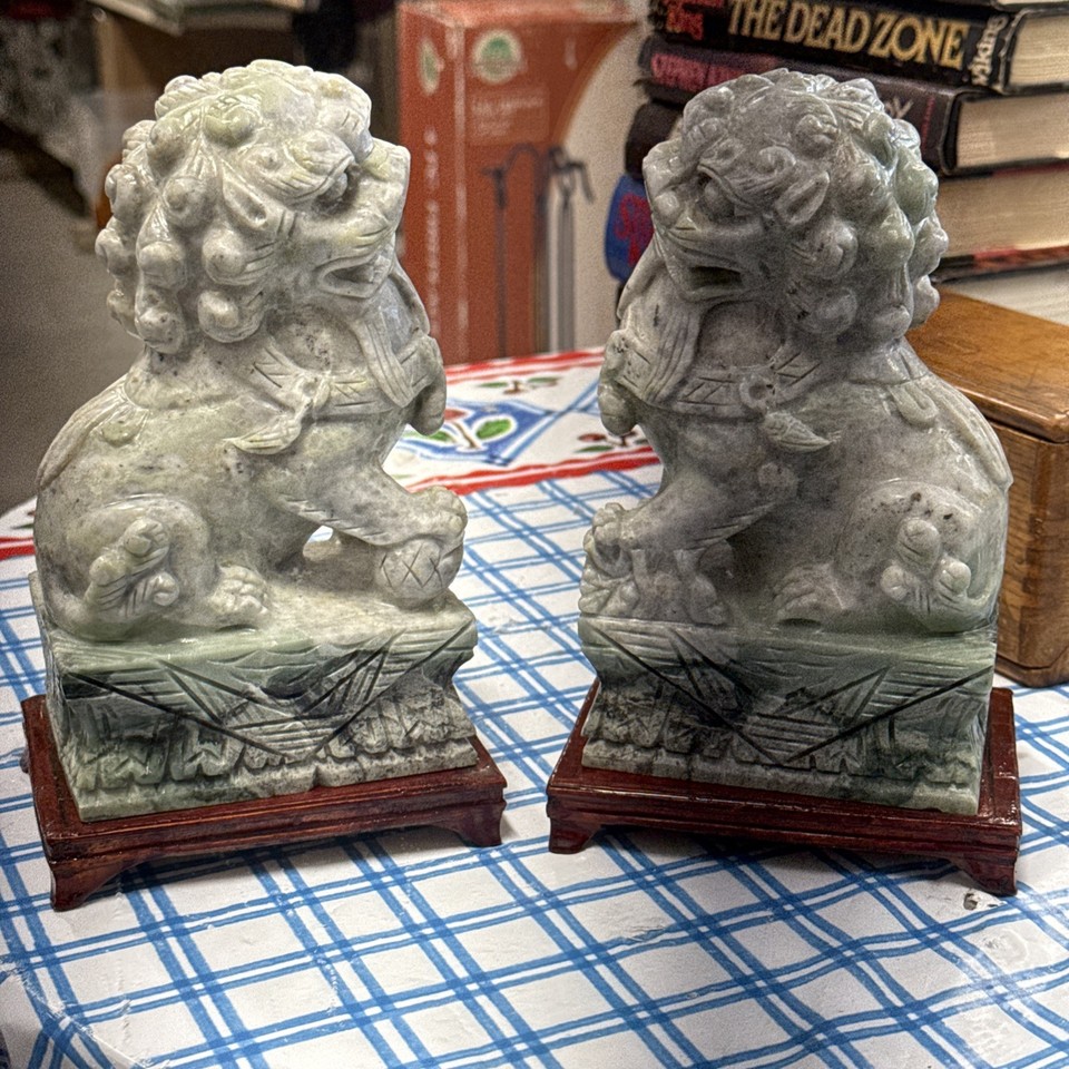 Vintage 7” Carved Green Jade Stone Foo Dogs Chinese Guardian Lions ...