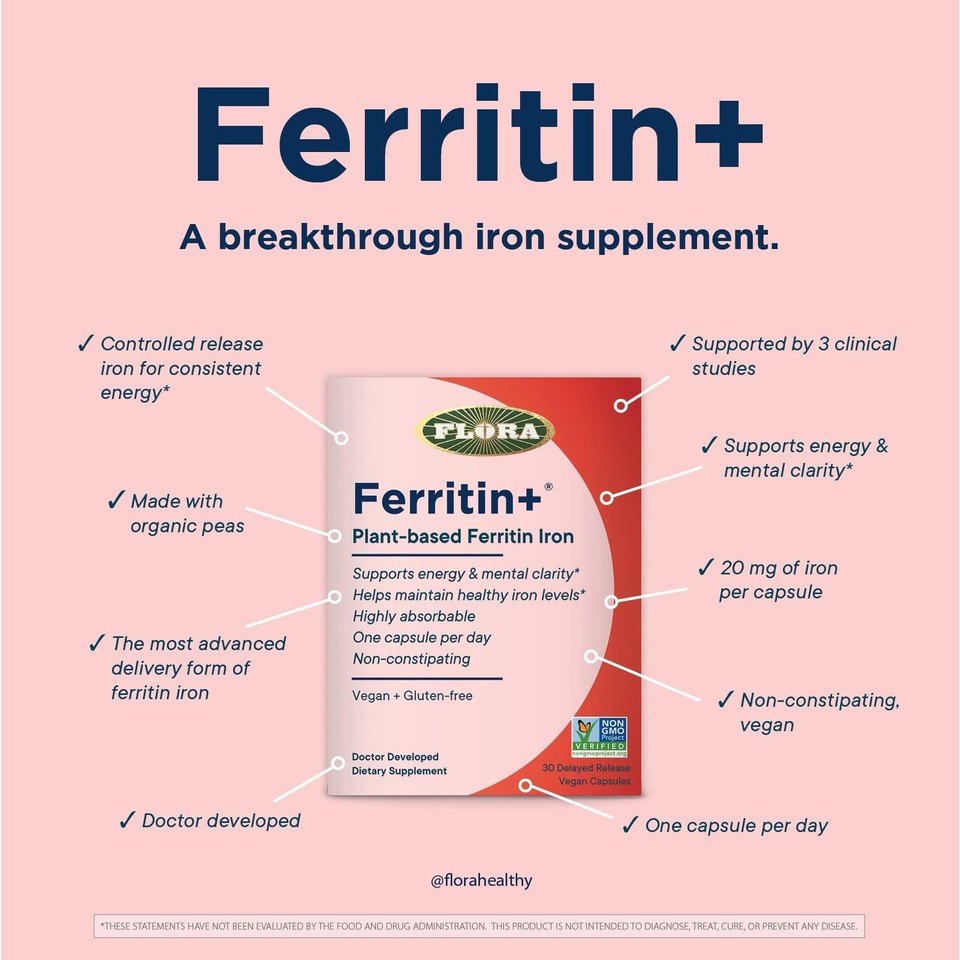 Flora Ferritin+ Delayed-Release Iron Supplement - Plant-Based Iron ...