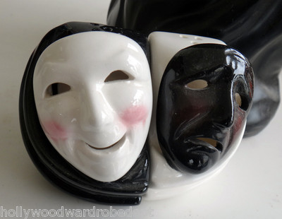 Theater mask HAPPY SAD black white ceramic clay art actor salt pepper ...