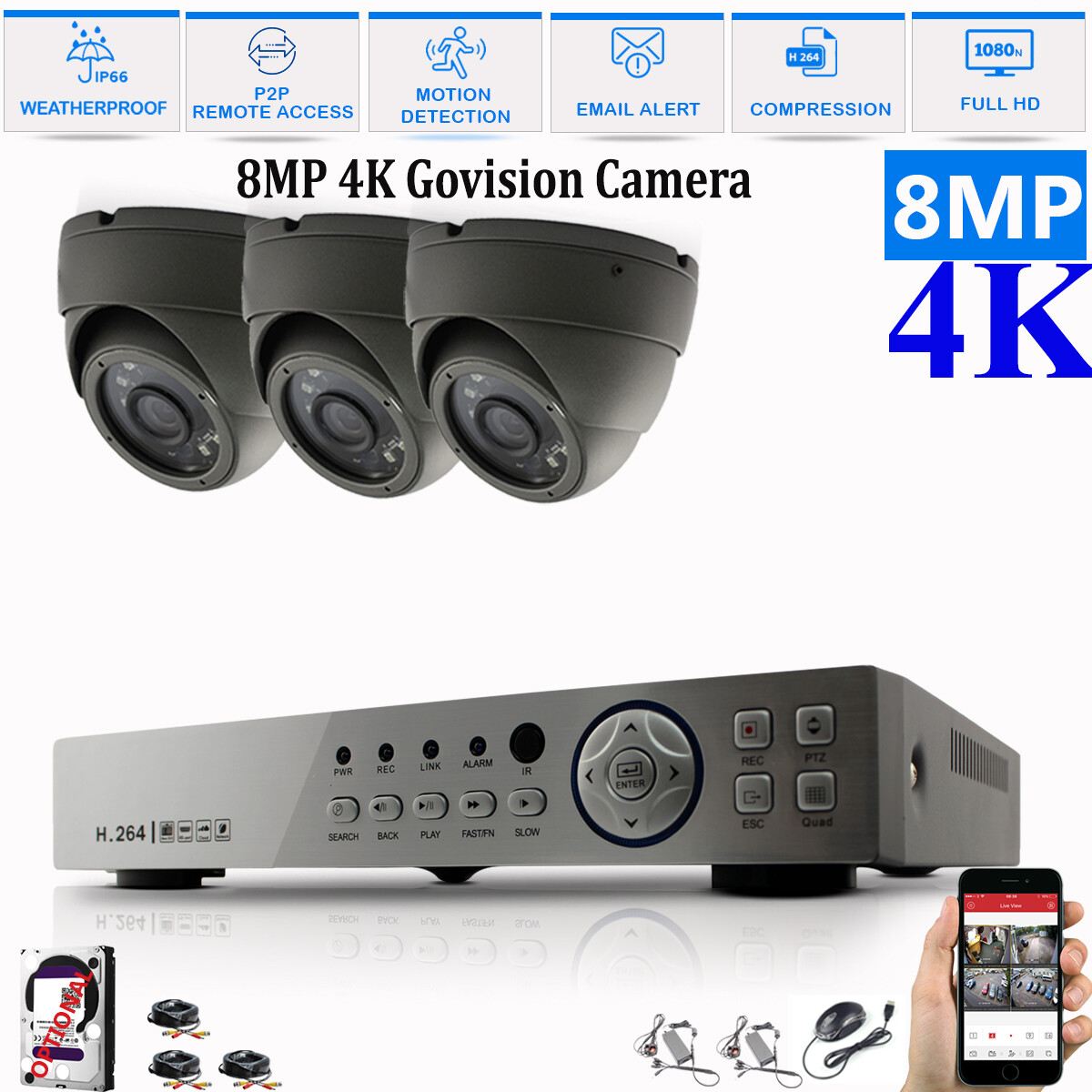 8MP CCTV SYSTEM 4CH 8CH 4K ULTRA HD DVR DOME CAMERA HOME NIGHT VISION ...
