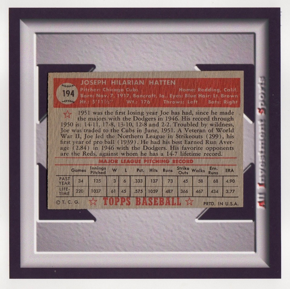 1952 Topps JOE HATTEN #194 EXMT *superb baseball card for your set ...