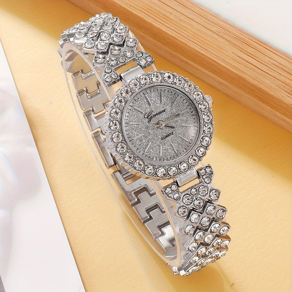 Elegant 2pcs Rhinestone Quartz Watch and Bangle Set for Women Crystal ...