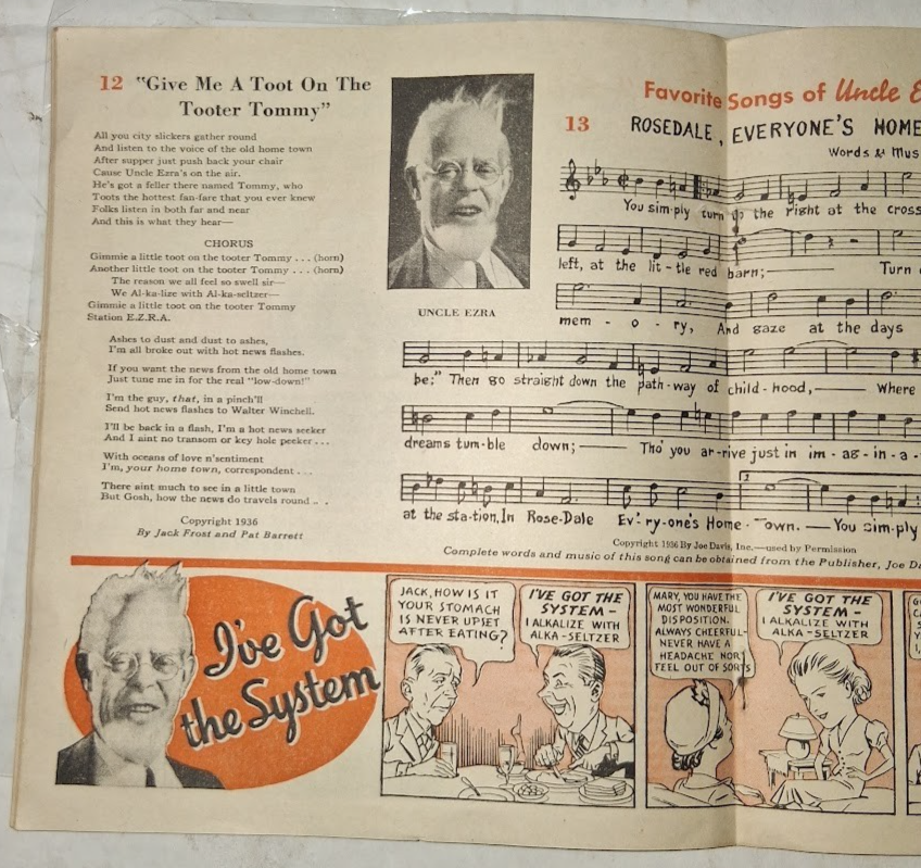 1936 Vtg Alka Seltzer Song Book Ad Miles Lab Hoosier Hot Shots Uncle ...