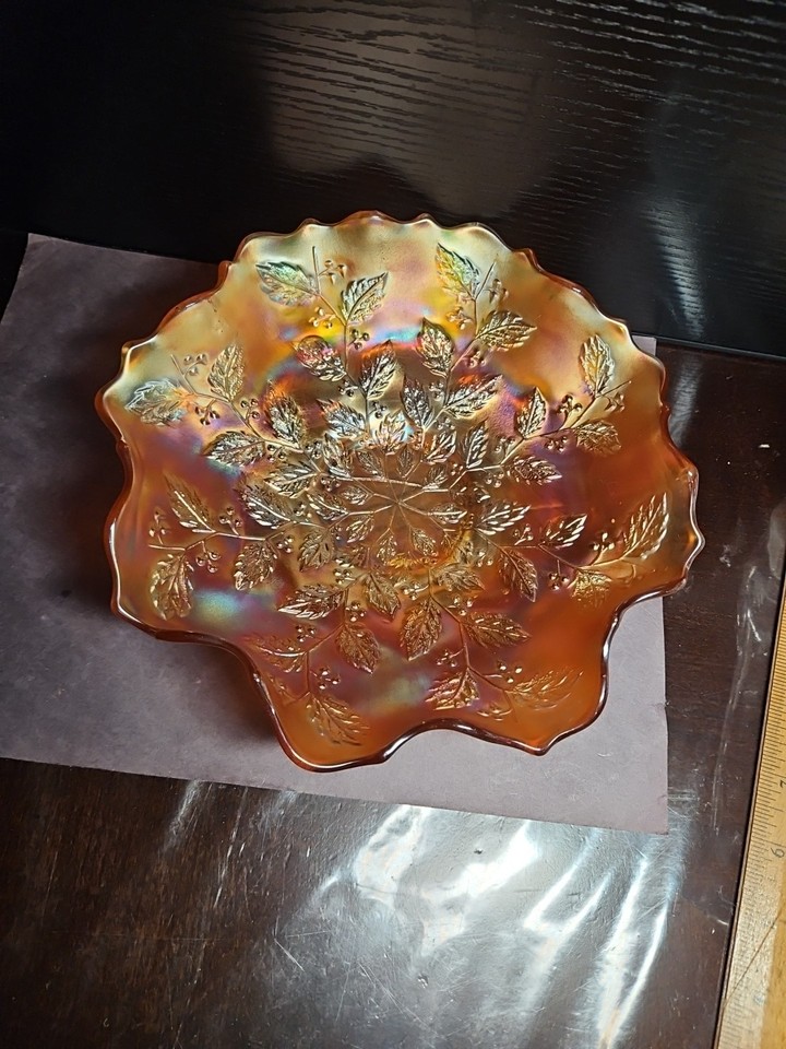 Rare Marigold Uranium Glass Fenton Carnival Holly Pattern Ruffled Bowl ...