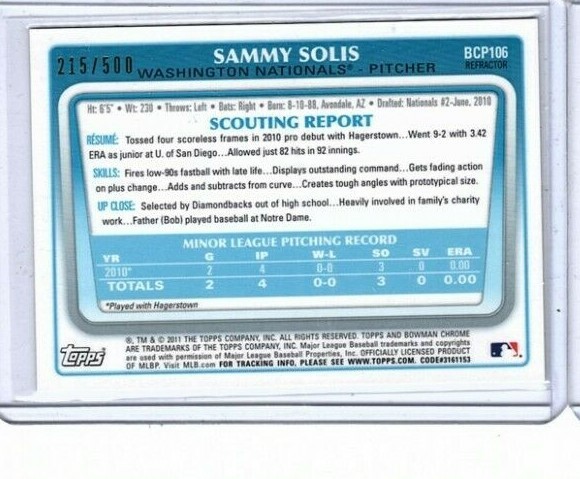 2011 Bowman Chrome Prospects Autograph Refractor #BCP106 Sammy Solis ...