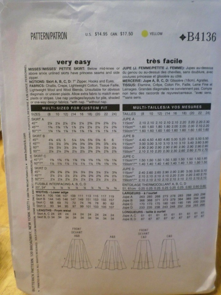 Butterick B4136 - size 8-12 - skirt with princess seams uncut | eBay