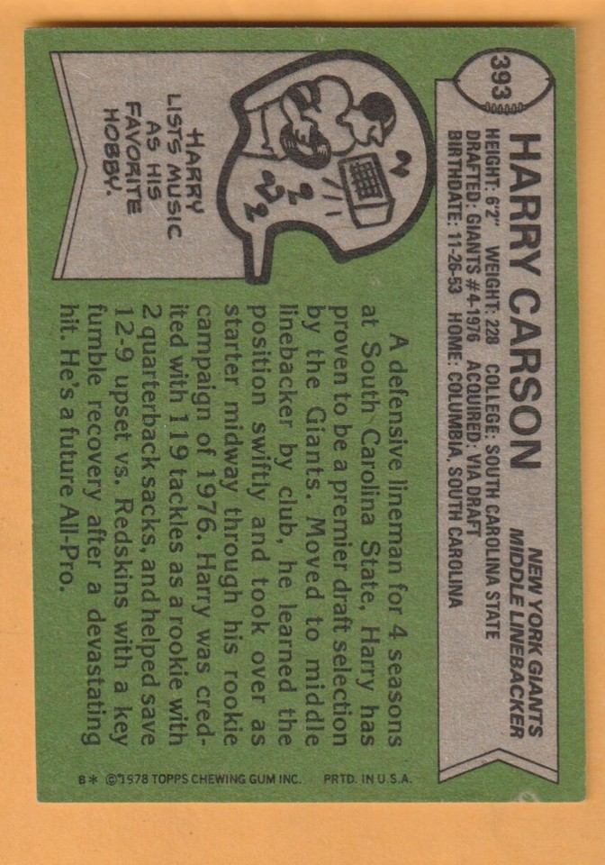 Harry Carson New York Giants 1978 Topps #393 HOF Florence South ...