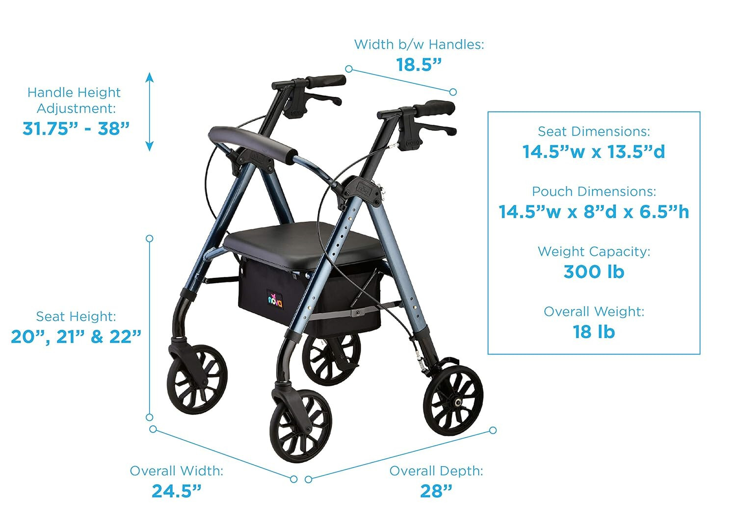 NOVA STAR 8 Rollator Walker w/Perfect Fit System Ltweight Folding ...