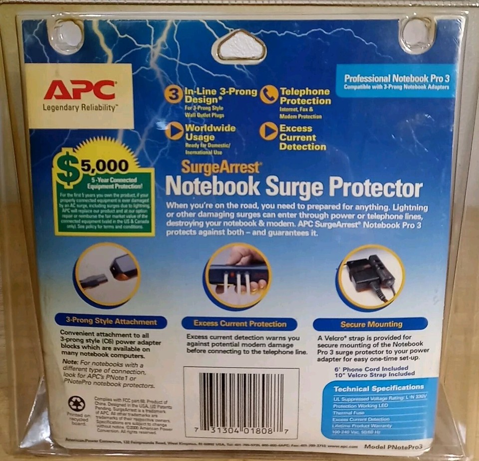 APC Notebook Laptop Power Surge Protector PNOTE PRO3 Mobile In-line 3 ...