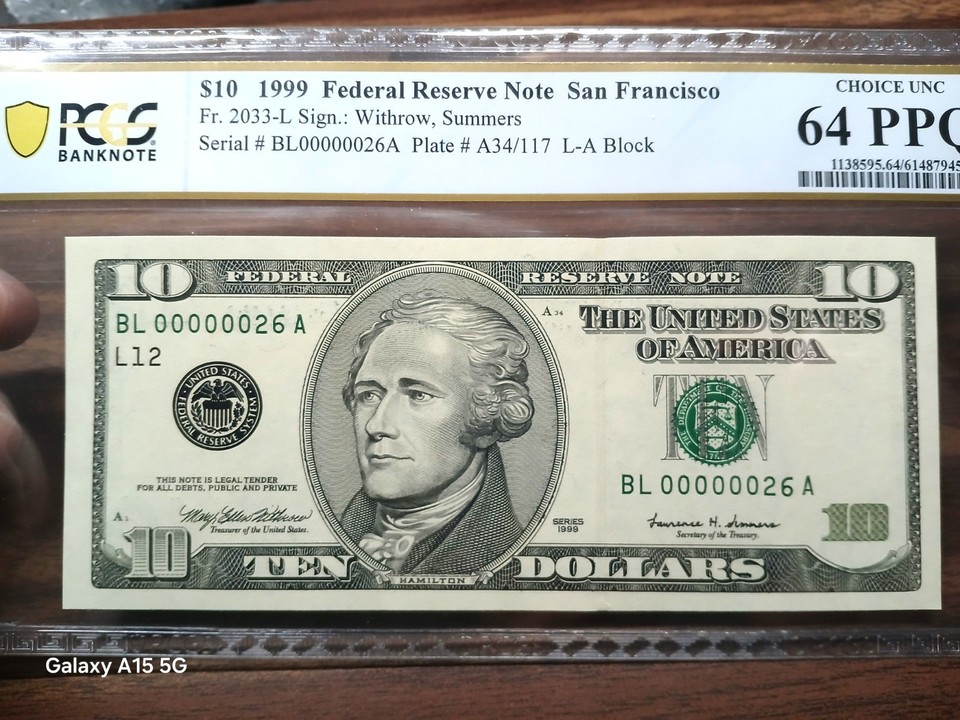 1999 $10 Federal Reserve Note PCGS 64 PPQ – LOW SERIAL 00000026 ...