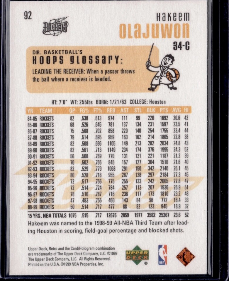 1999-00 Upper Deck Retro Houston Rockets Basketball Card #92 Hakeem ...