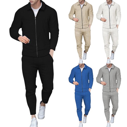 Men's Slim Fit Tracksuit Two Piece Suits Zipper Collar Long Sleeve ...