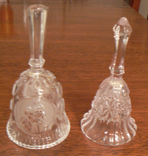 2 Vintage pressed Glass Bells- Hearts & frosted rose / diamond shapes ...