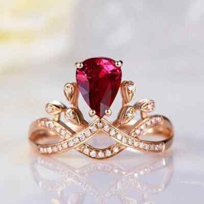 2.20Ct Pear Simulated Red Ruby Crown Engagement Ring 14K Rose Gold Over ...