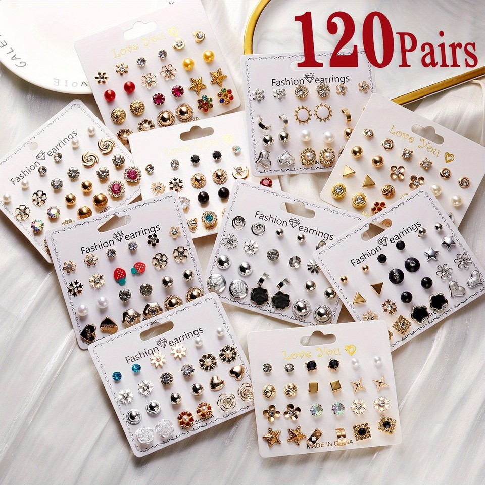 120 Pairs Random Stud Earrings Set Cute Fashion Earring Variety Pack ...