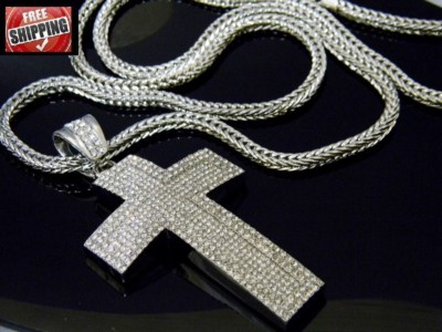 Silver Franco Chain Cross Jesus Piece Pendant Necklace Crystal Hip Hop ...
