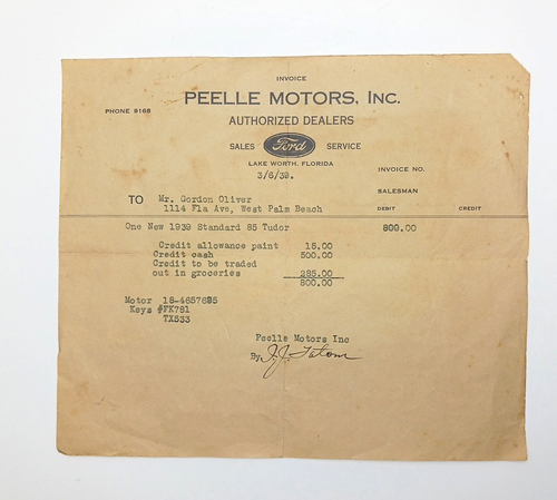 1939 Ford Standard 85 Tudor Car Automobile Dealership Invoice Sales ...