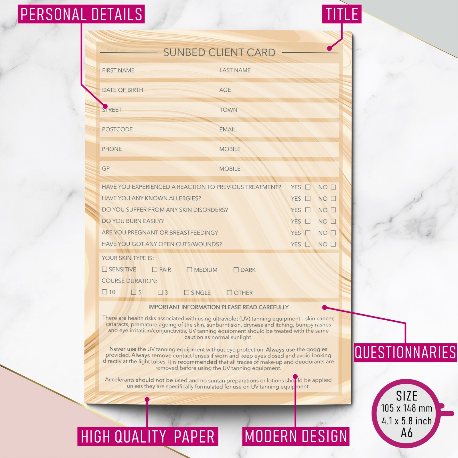 Sunbed Client Record Card Consultation Form PREMIUM Tanning Salon x50 ...