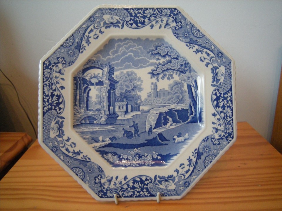 RARE SPODE "BLUE ITALIAN" OCTAGONAL DESSERT PLATE.(OLD BLUE BACKSTAMP ...
