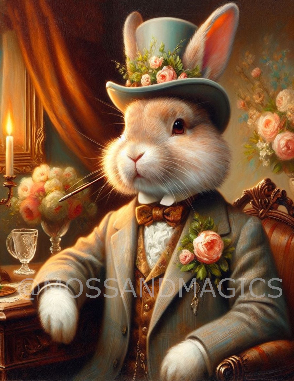 Brown Victorian Bunny Rabbit Top hat Easter Spring flowersTea Vintage ...