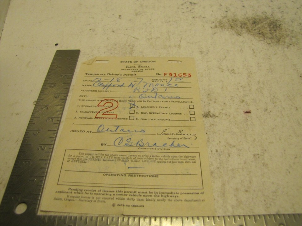 1937 TEMPORARY DRIVER'S PERMIT ONTARIO, OREGON | eBay