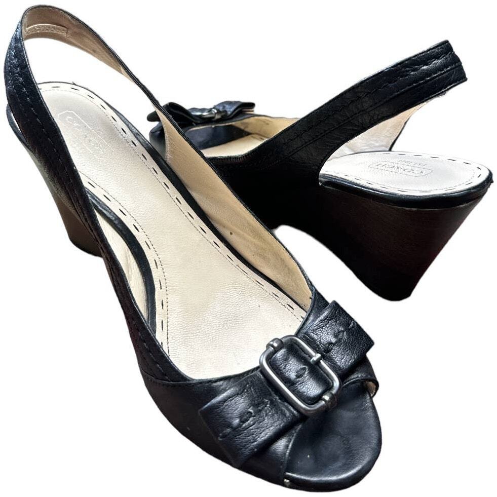 Coach Black Leather Wedge Heel Sandals Women's Size 1… - Gem