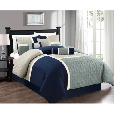 Navy Blue Green Beige Patchwork Block 7 pc Comforter Set Full Queen Cal ...