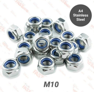 M10 / 10mm Hex Lock Nut A4 Stainless Steel Nyloc Nylon Marine Grade ...