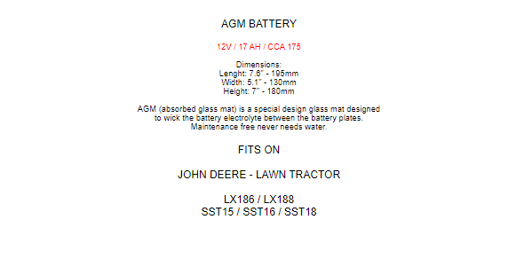 AGM Battery for John Deere LX186 / LX188 / SST15 / SST16 / SST18 Lawn ...