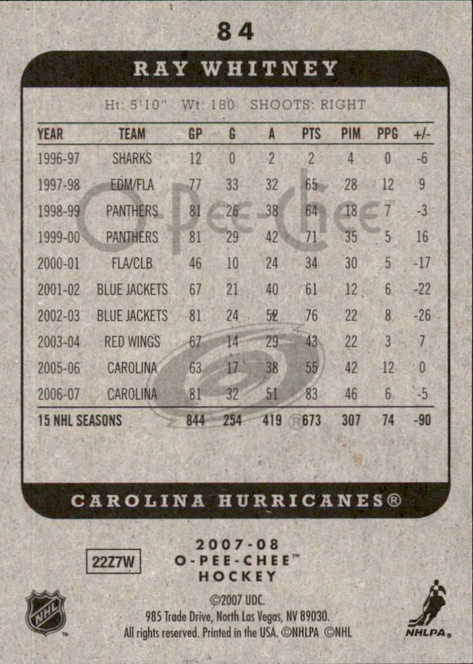 Ray Whitney Signed Auto 2007-08 O-Pee-Chee card Carolina Hurricanes | eBay