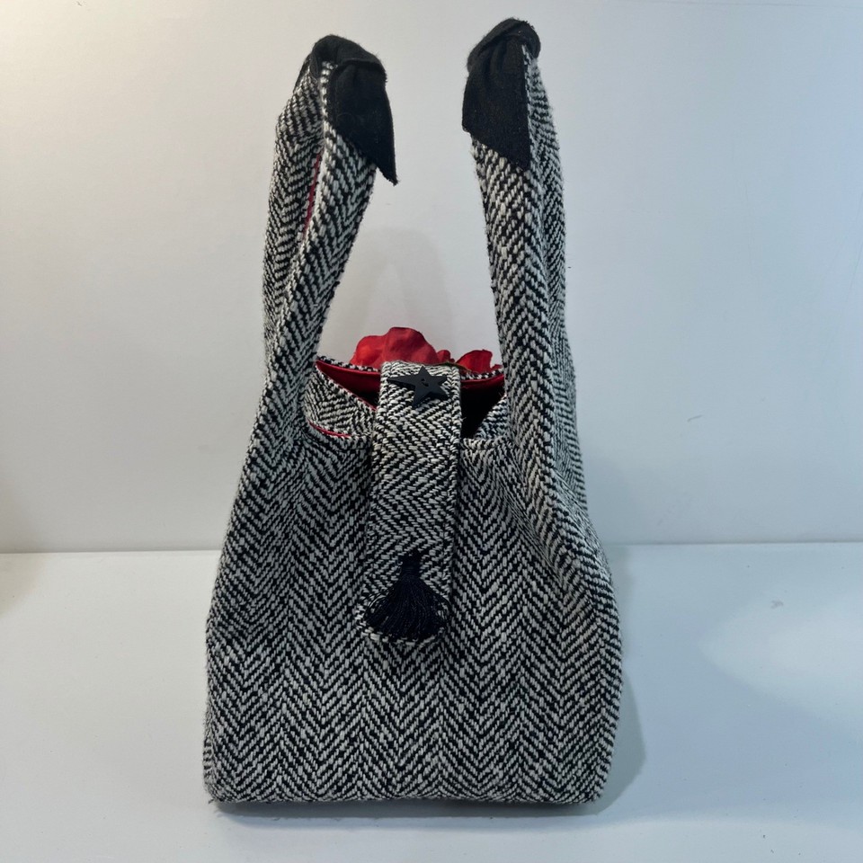 Vtg Designer Tweed Handbag Red Flower Accent Hobo Purse Fairy Dainty ...