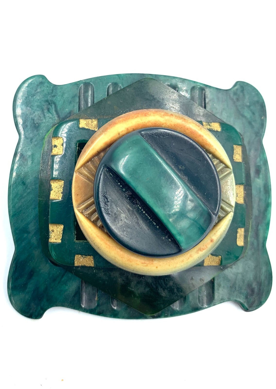 VINTAGE GREEN MOLDED PLASTIC LAYERED GOLD TONE BROOC… - Gem