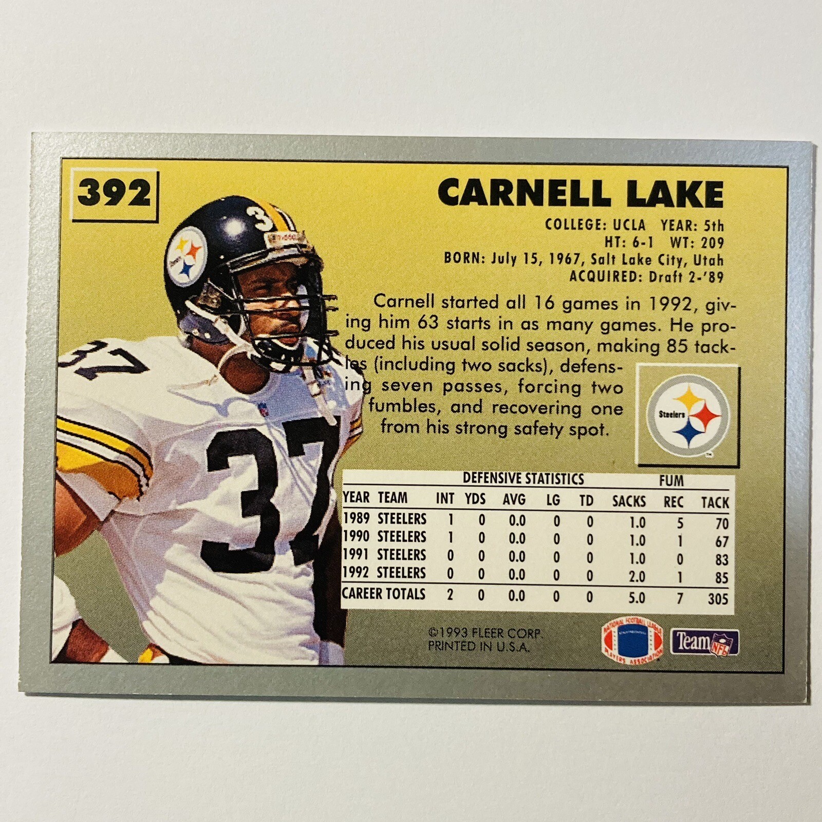 1993 Fleer Football #392 Carnell Lake Pittsburgh Steelers Trading Card ...
