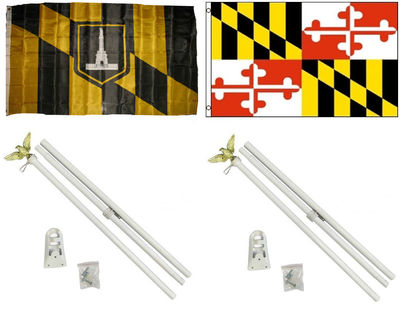 3x5 City of Baltimore & State of Maryland Flag & 2 White Pole Kit Sets ...